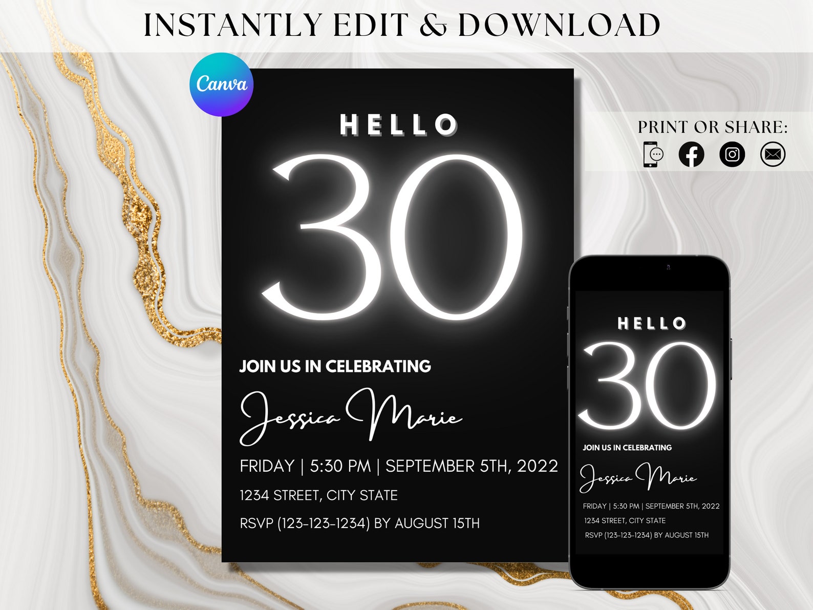 Modern 30th Birthday Invite Hello 30 Birthday Invitations 30th Birthday ...