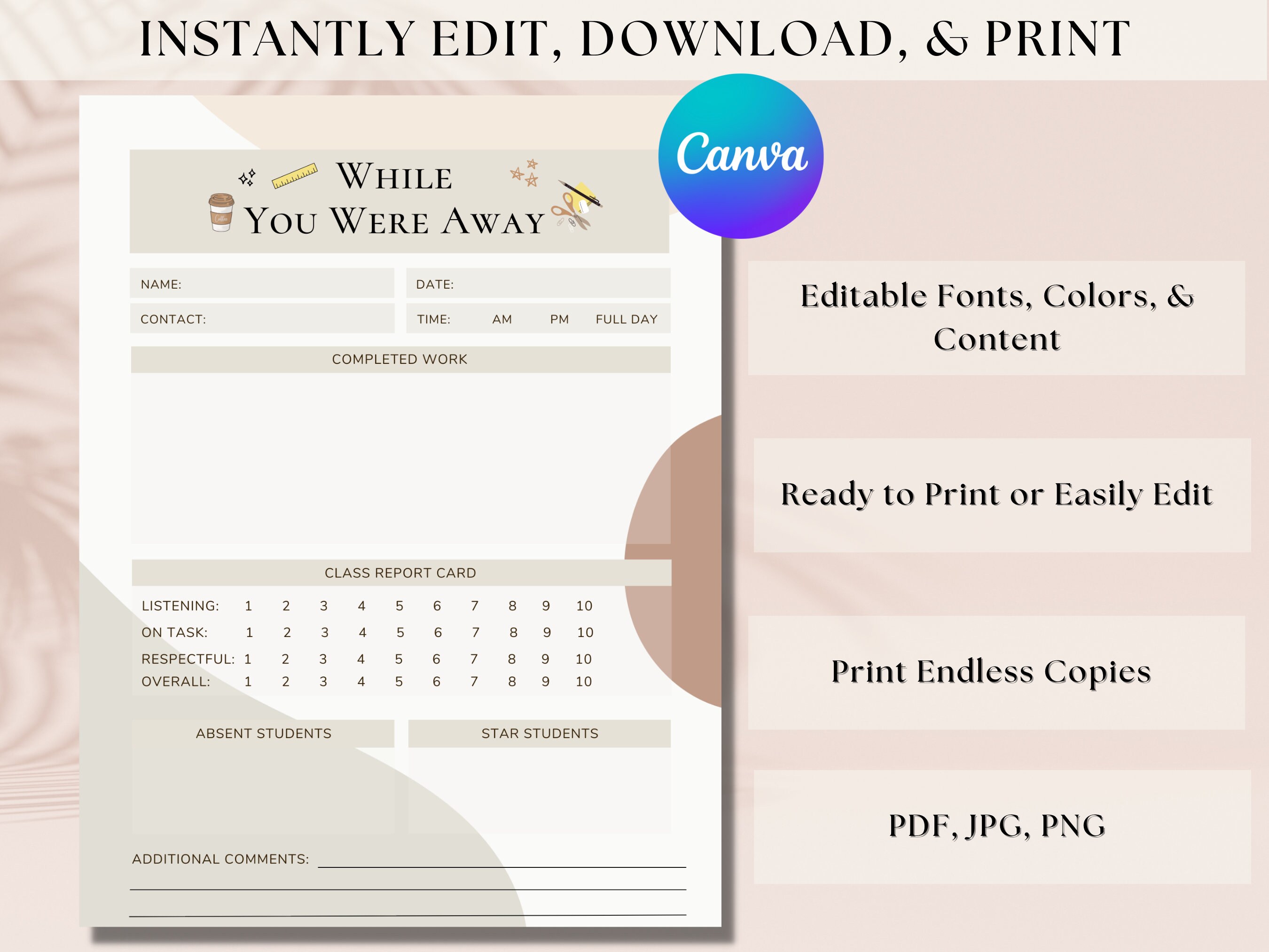 Editable Substitute Teacher Note Printable While You Were Away Template ...