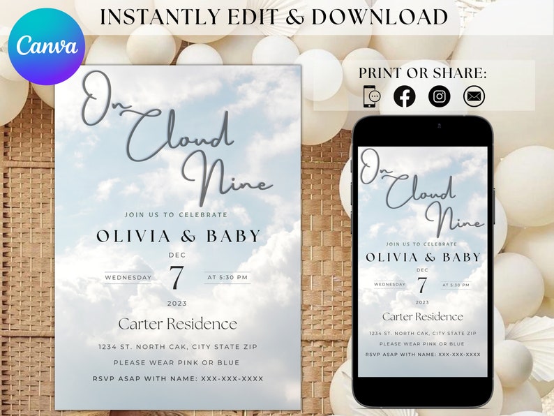Cloud Theme Baby Shower Invite Cloud Nine Invitation Cloud - Etsy