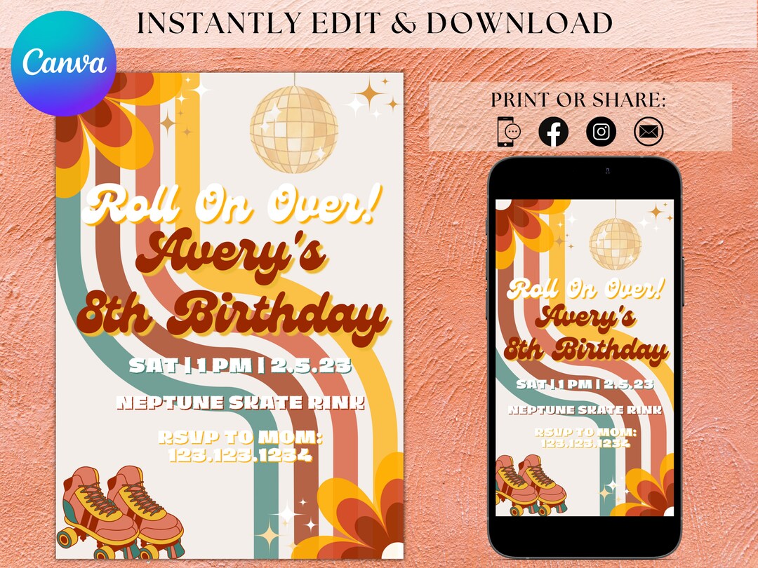 Editable Retro Roller Skates Birthday Invitation Disco Party - Etsy