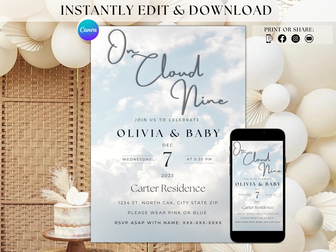Cloud Theme Baby Shower Invite Cloud Nine Invitation Cloud Nine Evite ...