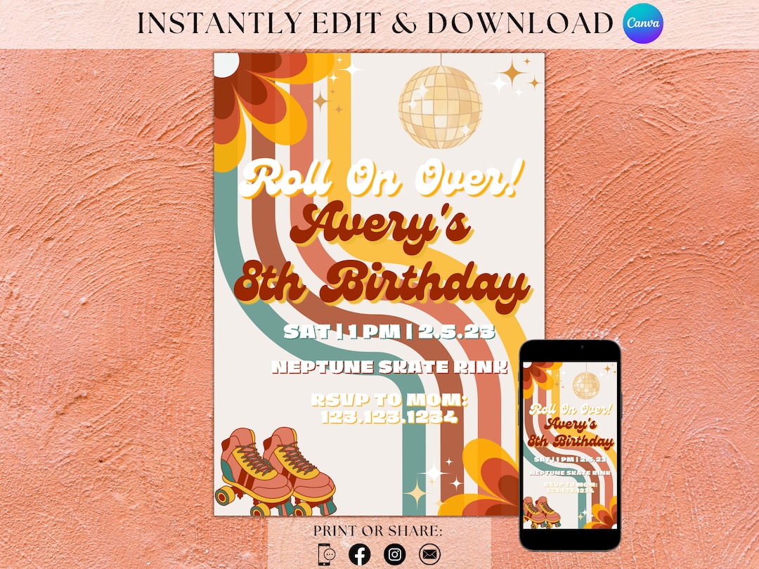 Editable Retro Roller Skates Birthday Invitation Disco Party Invite ...