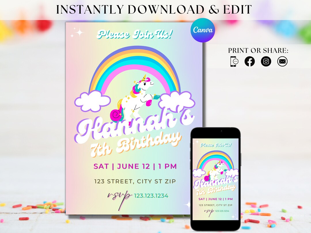Rainbow Unicorn Invitations Unicorn Party Invites Pastel Rainbow Party ...