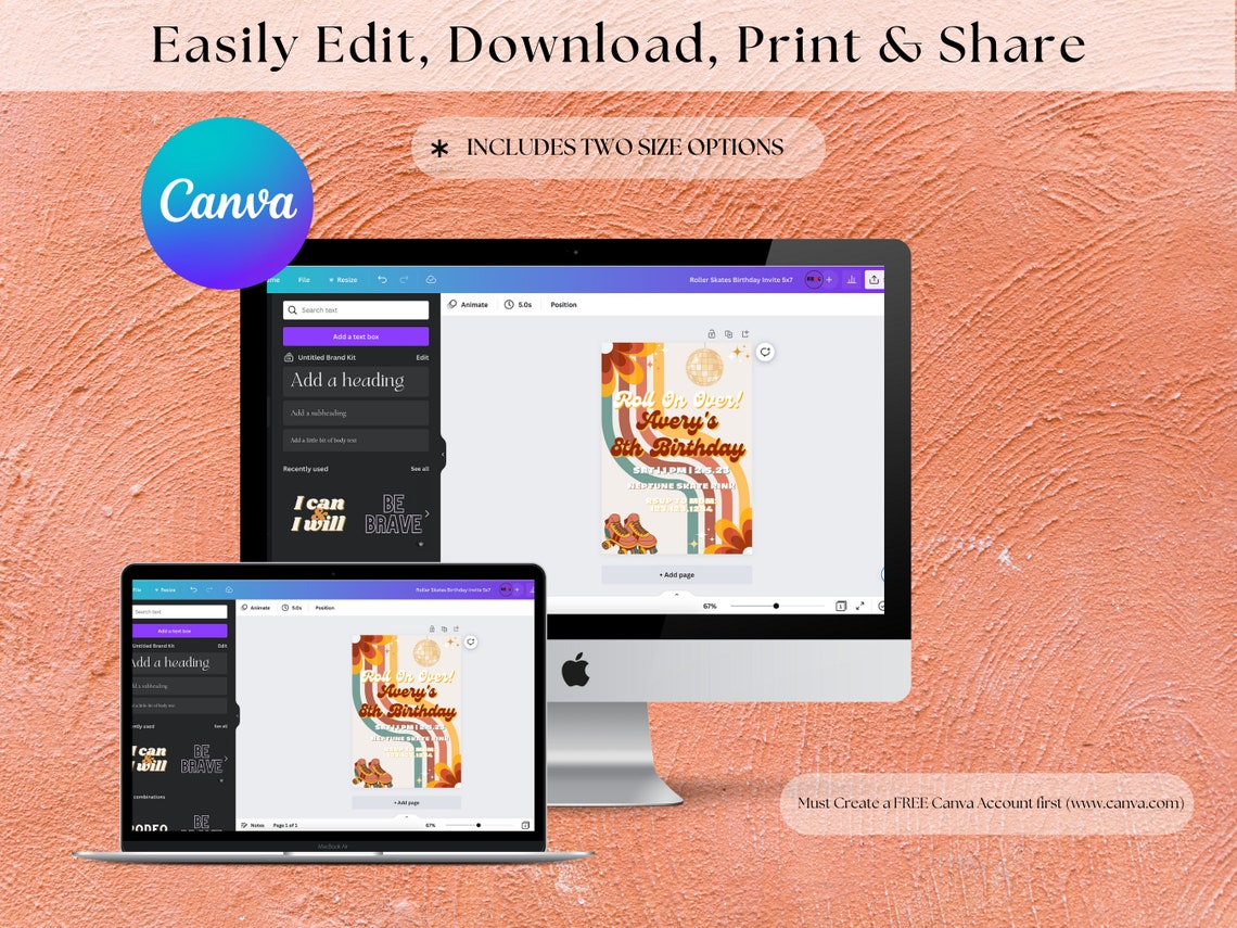 Editable Retro Roller Skates Birthday Invitation Disco Party Invite ...