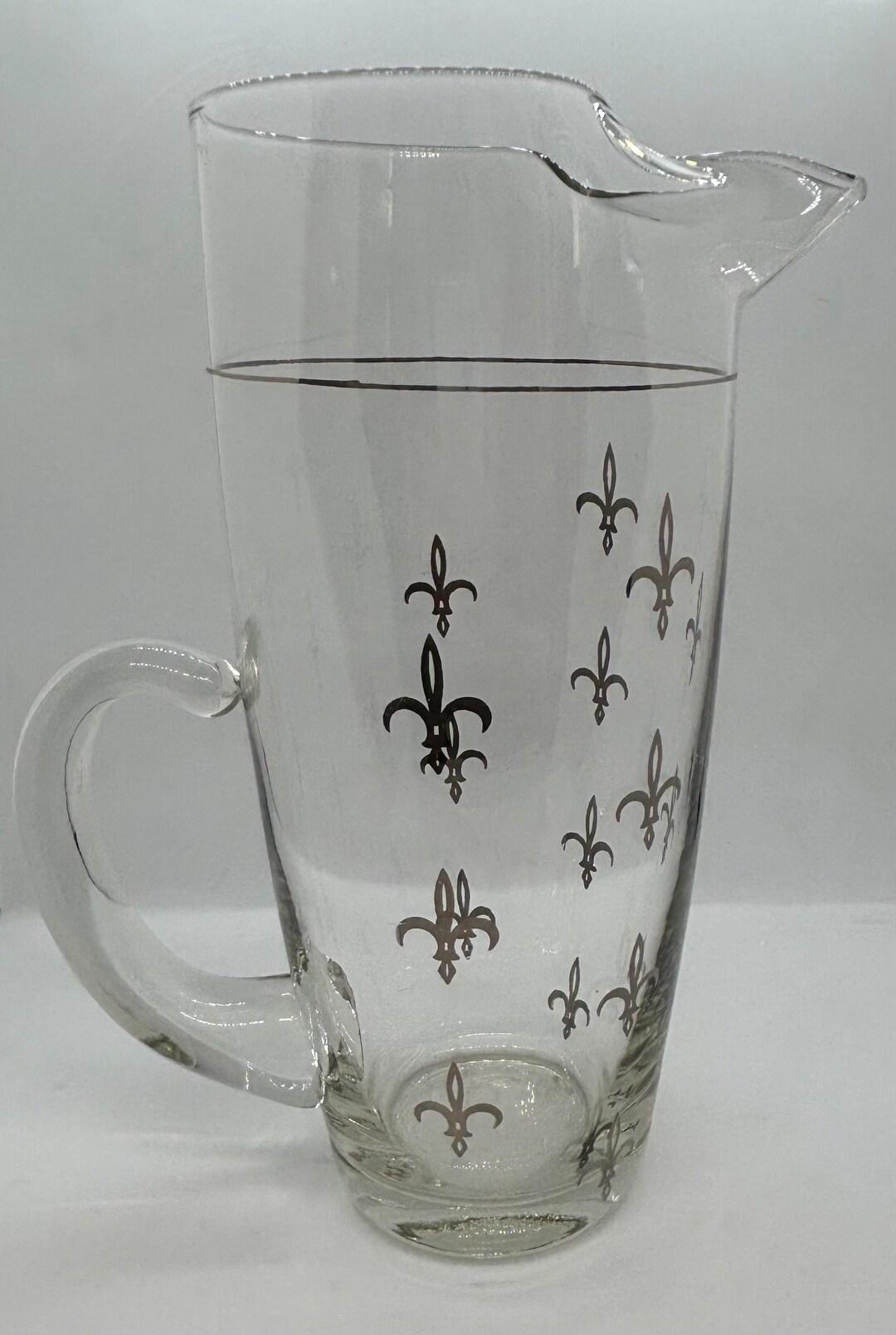 Vintage MCM Glass Martini Pitcher With Silver Flour De Lis & Silver ...