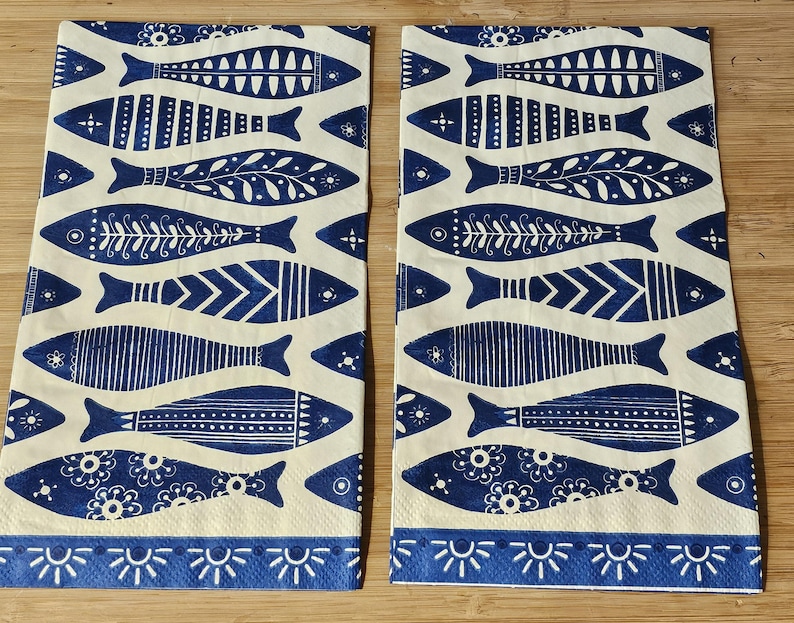 Blue Block Print Fish Guest Napkins for Decoupage - Etsy