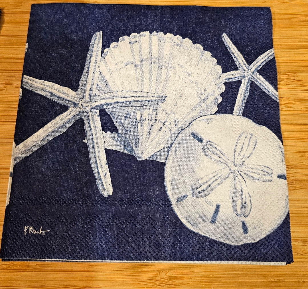 White Seashells on Navy Blue Cocktail Napkin for Decoupage - Etsy