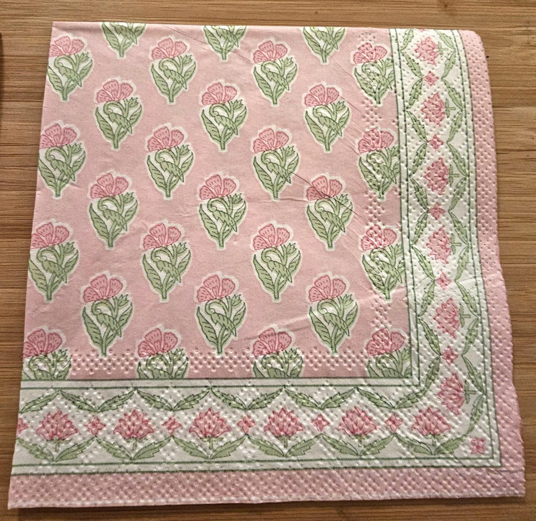 Pink Floral Block Print Style Cocktail Napkin for Decoupage - Etsy