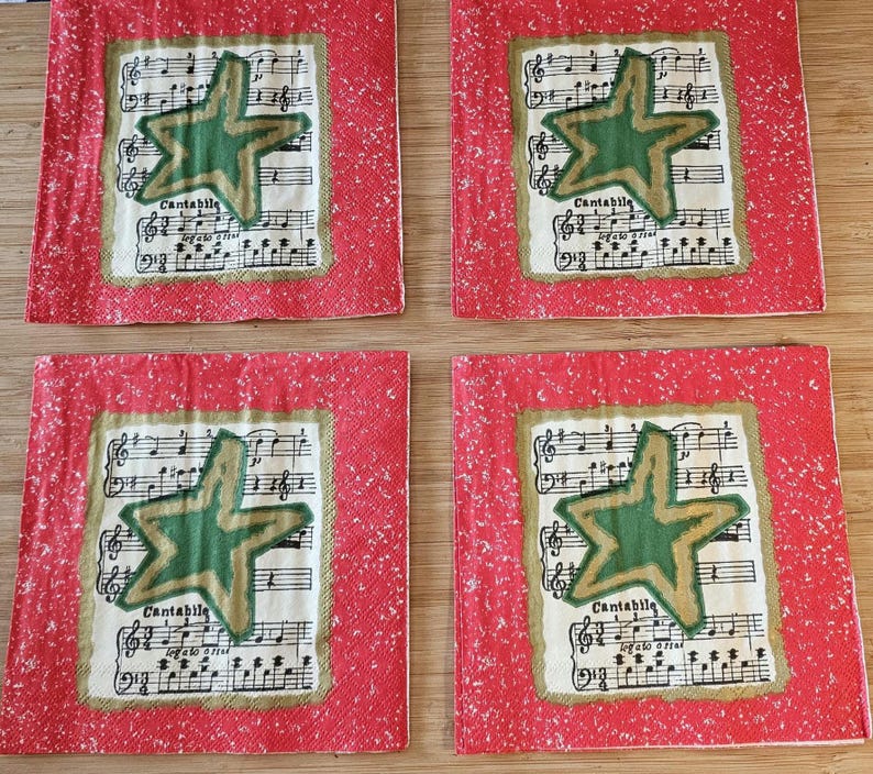 Sheet Music With Green and Gold Star and Red Border Decoupage Napkin - Etsy