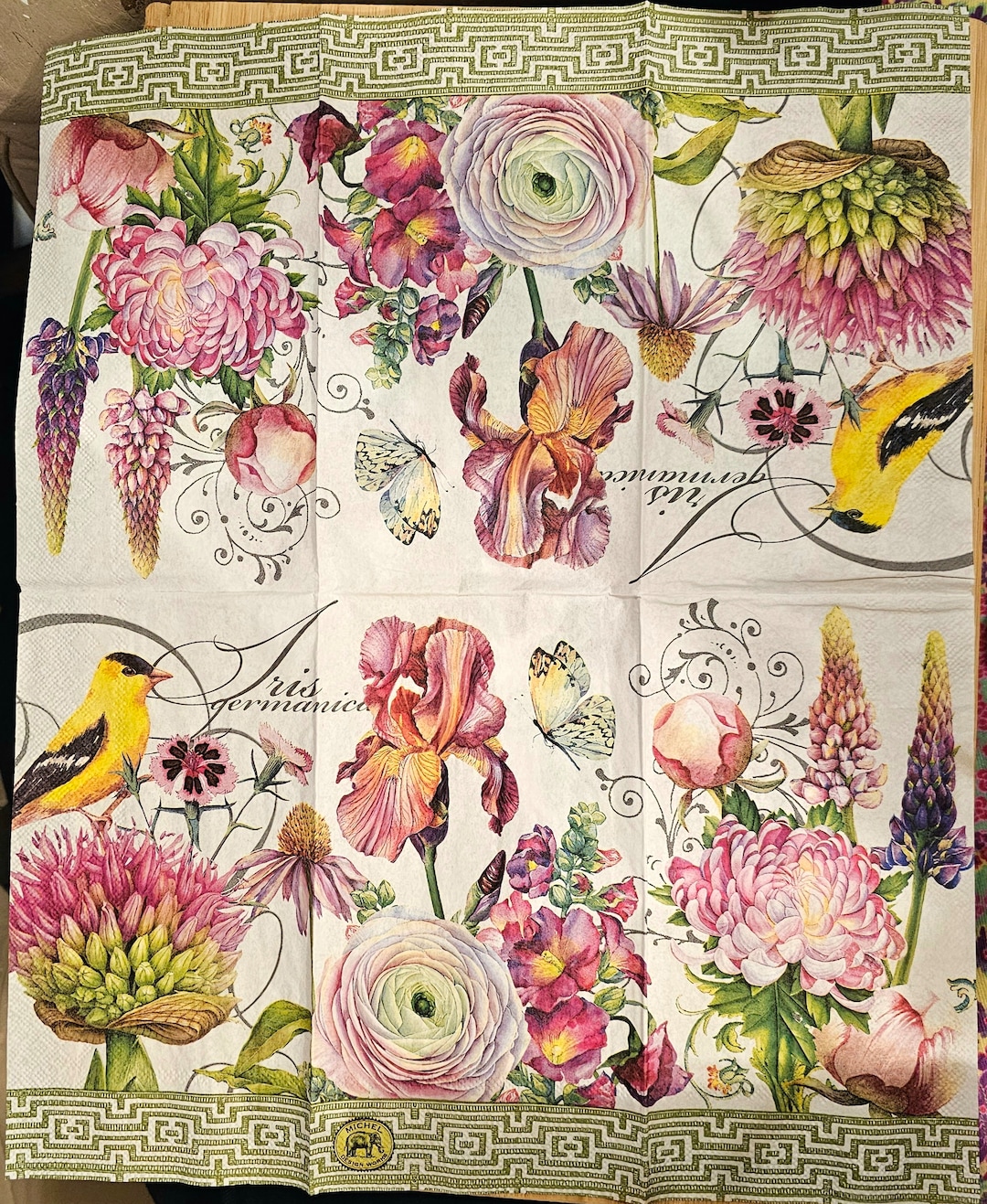 Floral Iris, Hollyhock and Peonies, Birds and Butterfly With Green ...