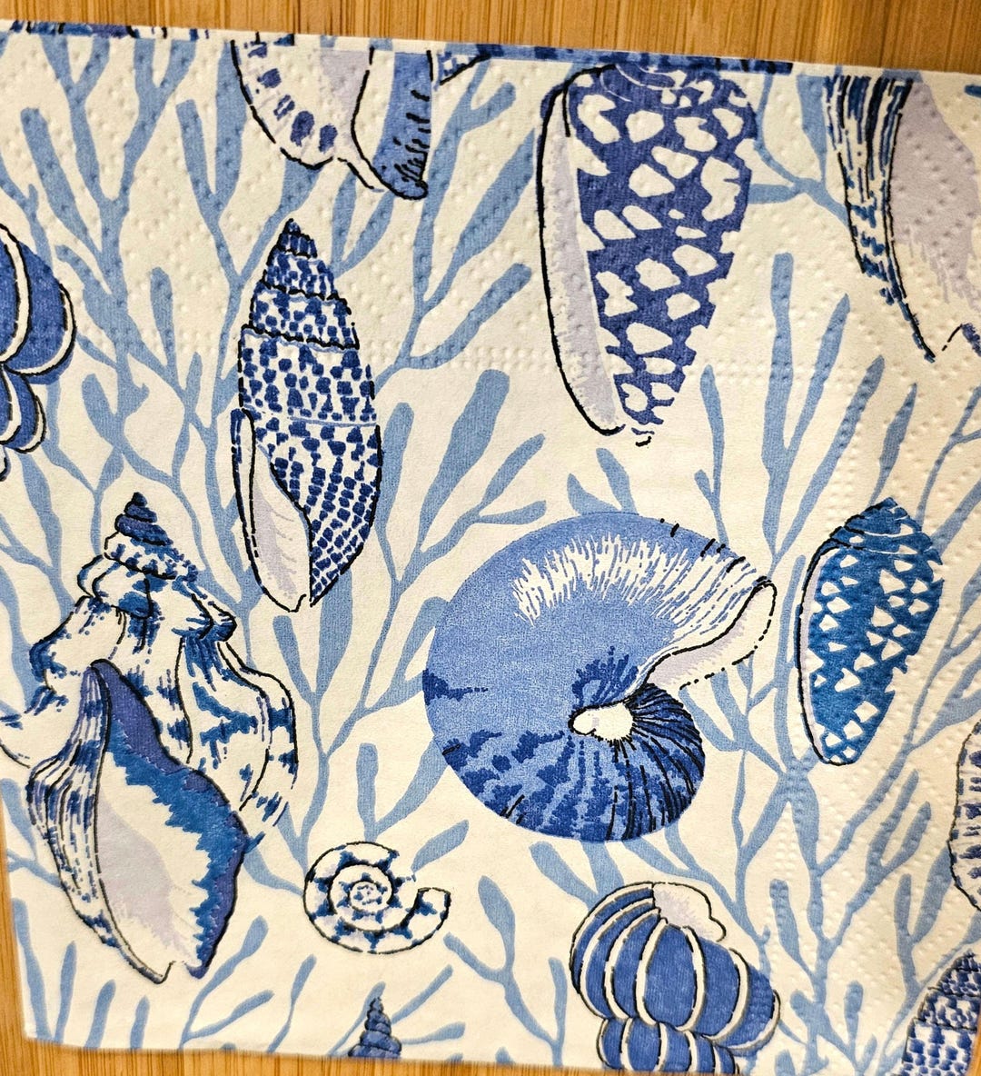 Royal Blue Seashells Cocktail Napkin With Light Blue Seaweed on White ...