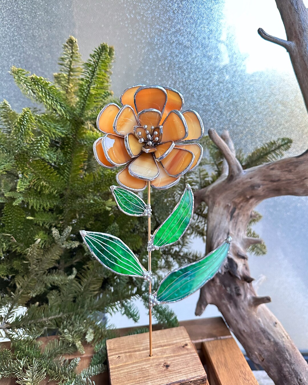 Stained Glass “peach Peony" Tropical Flower 3D, Suncatcher, Table Decor ...