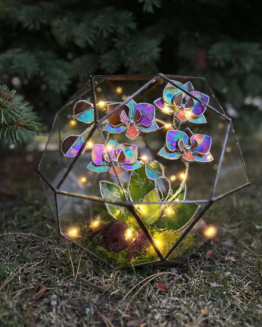 Geometric Glass 3D Terrarium Sphere With Stained Glass Orchid. Wedding ...