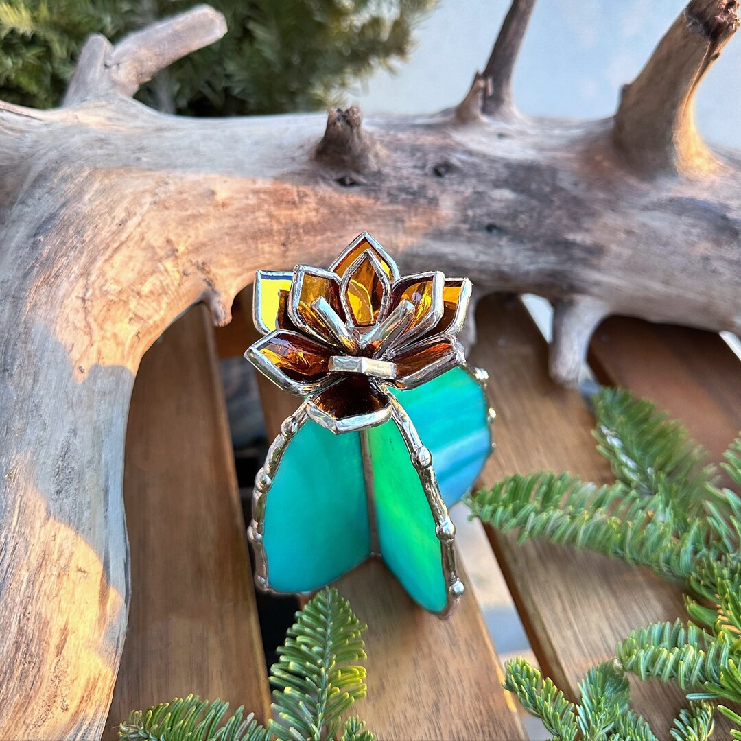 Stained Glass Cactus Yellow Gold Mirror & Turquoise Iridescent ...