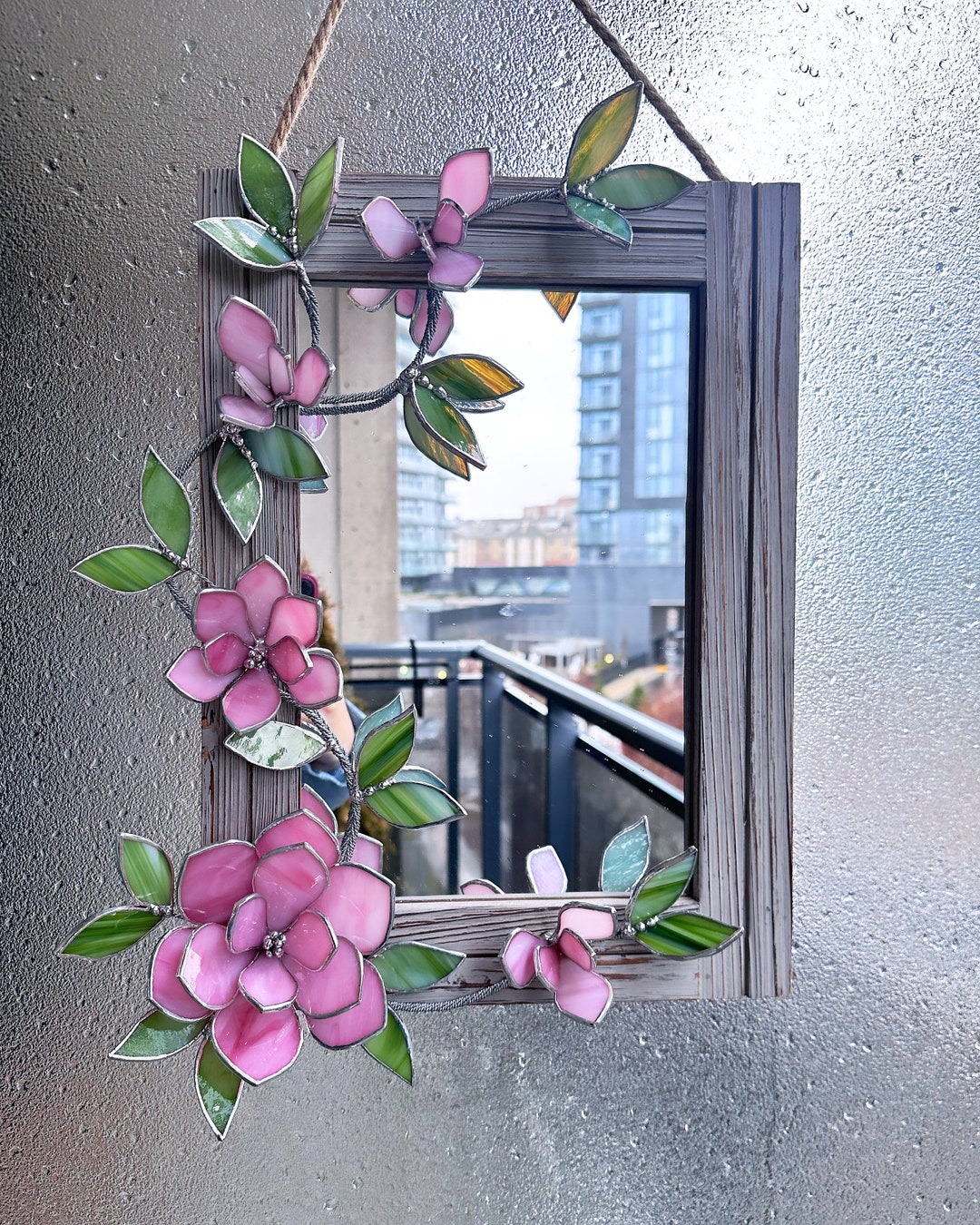 Stained Glass Pink Magnolia Mirror, Wooden Frame, Botanical Suncatcher ...