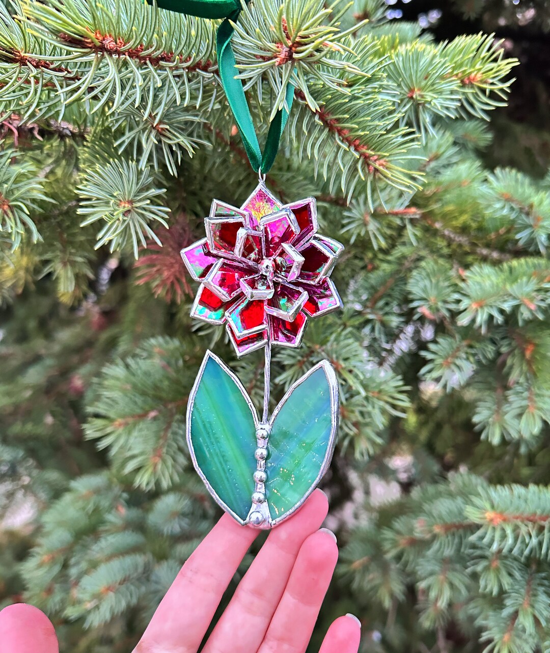 Vitrail attrape-soleil irisé rouge fleur, décoration murale fenêtre ...