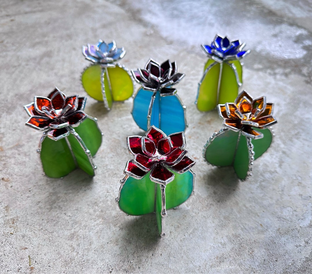 Stained Glass Blooming Cactus Suncatcher, Botanical Art Decor, Tabletop ...