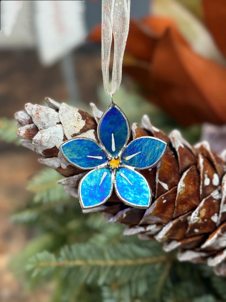 Handcrafted Stained Glass Forget Me Not Christmas Ornament Indigo Blue ...