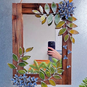 Stained Glass Flower Mirror hydrangea Wall Decor Wooden Frame. Art ...