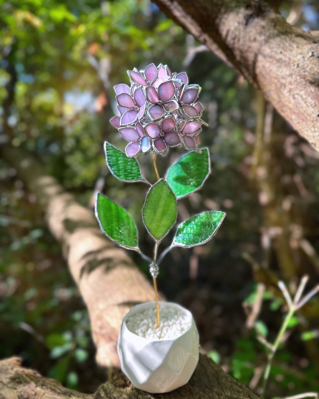 Dusty Pink Hydrangea Bunch With Leaves Stained Glass Flower WITH POT ...