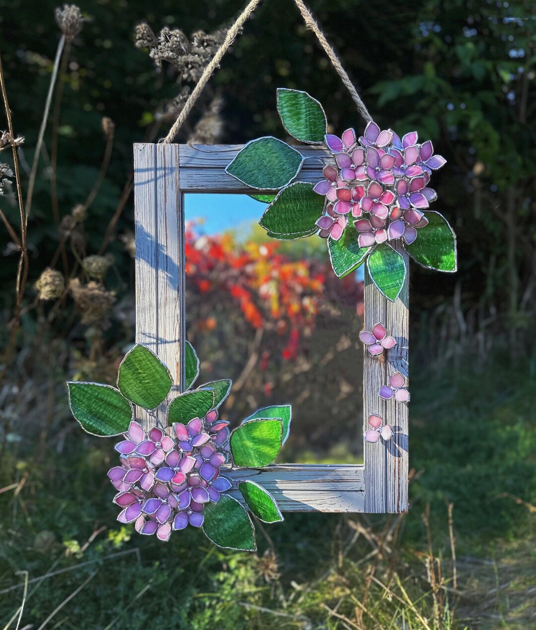 Baby Pink Hydrangea Stained Glass Mirror, Wooden Frame Wall Decor - Etsy