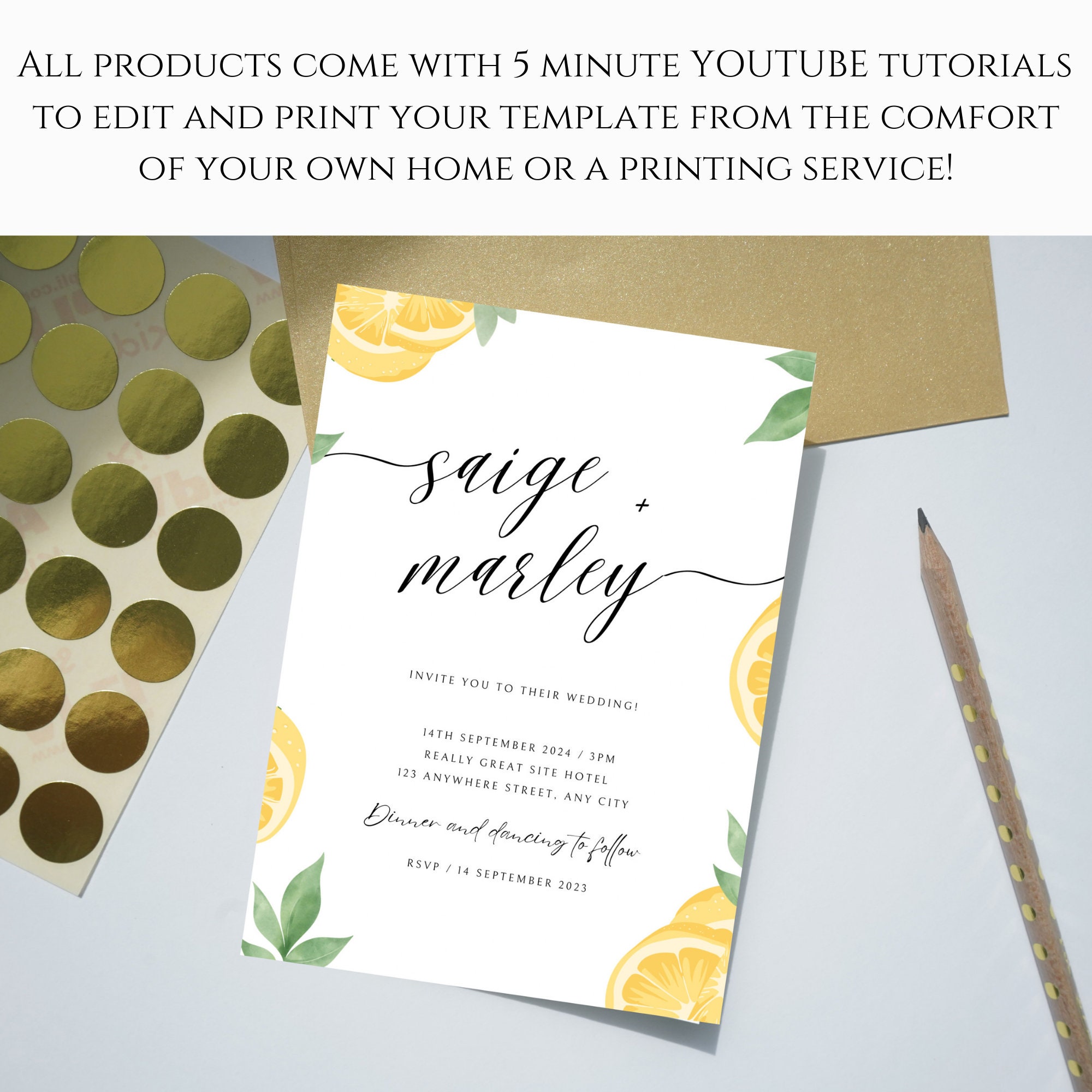 Lemon Wedding Invitation Template, Printable Wedding Invitation, Save ...