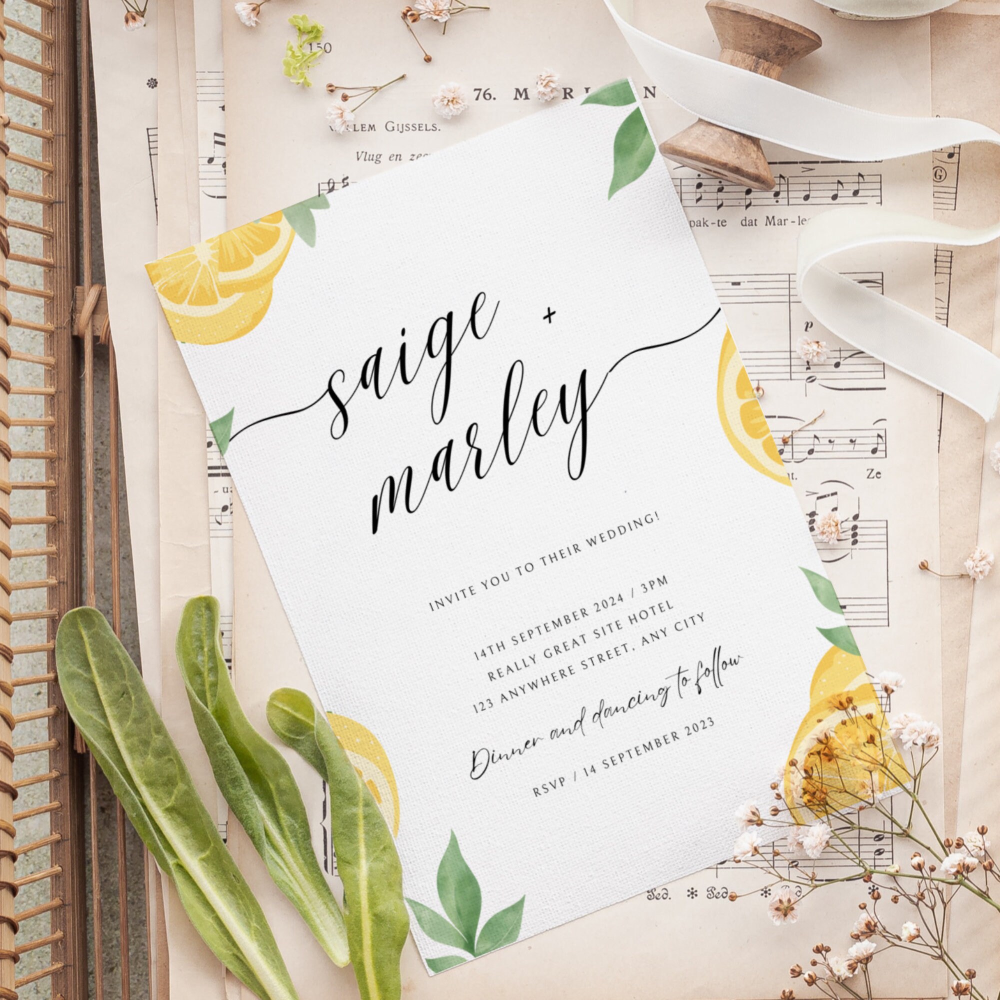 Lemon Wedding Invitation Template, Printable Wedding Invitation, Save ...