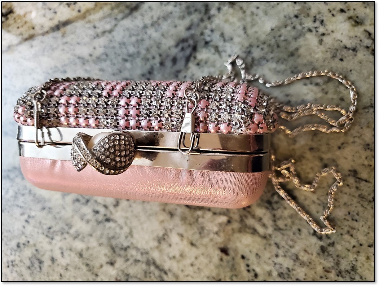 Vintage Pink Pearl-rhinestone Hardcase Clutch for Special Occasions, With 48 Silver Chain, Pearl ...