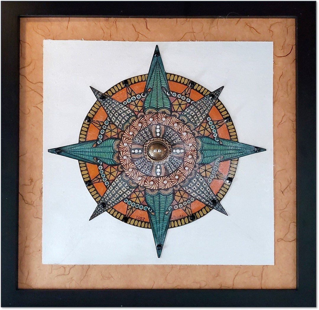 Original “shimmering Compass Rose” ZIA Watercolor, Pen & Ink, Pearls ...