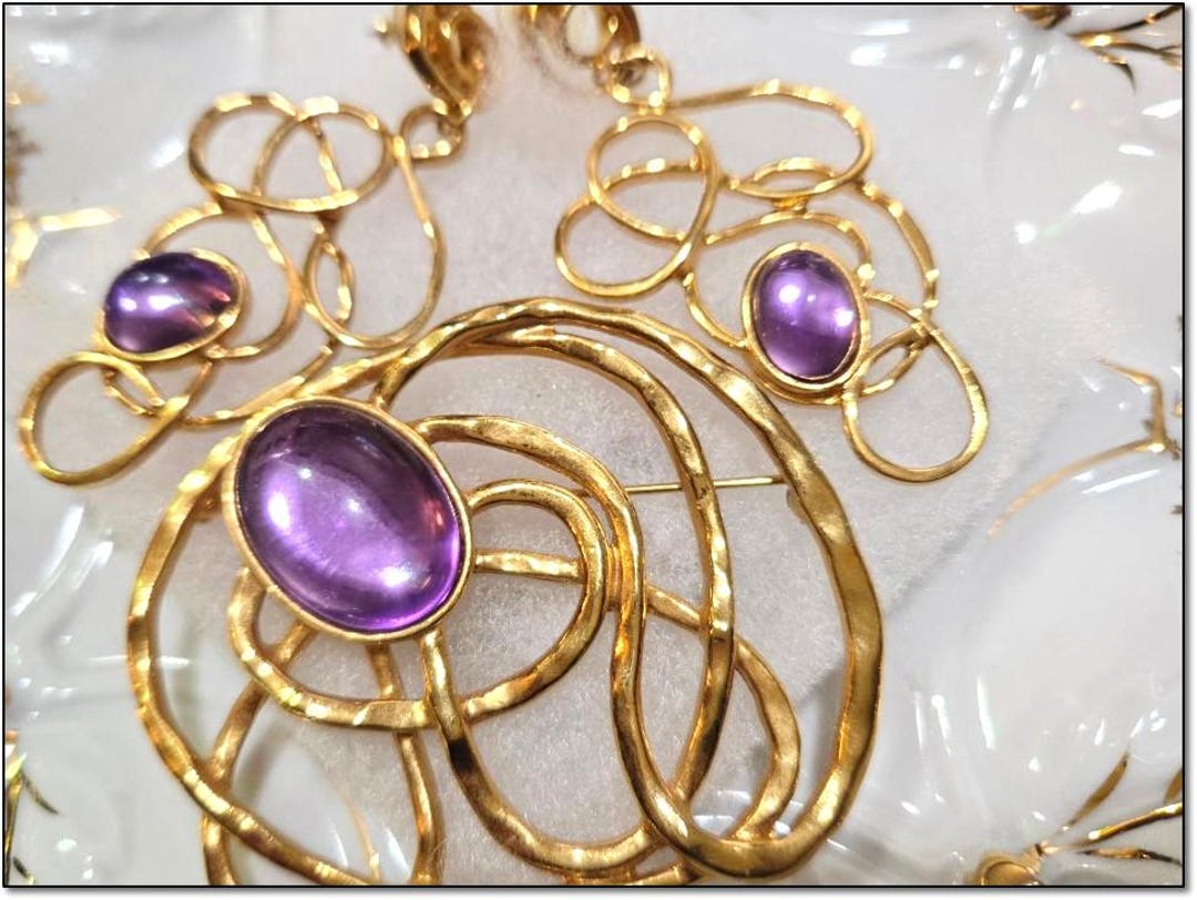 Vintage 1992 Avon “golden Web” Pin and Earrings Set, Abstract Design With Purple Glass Cabochons ...