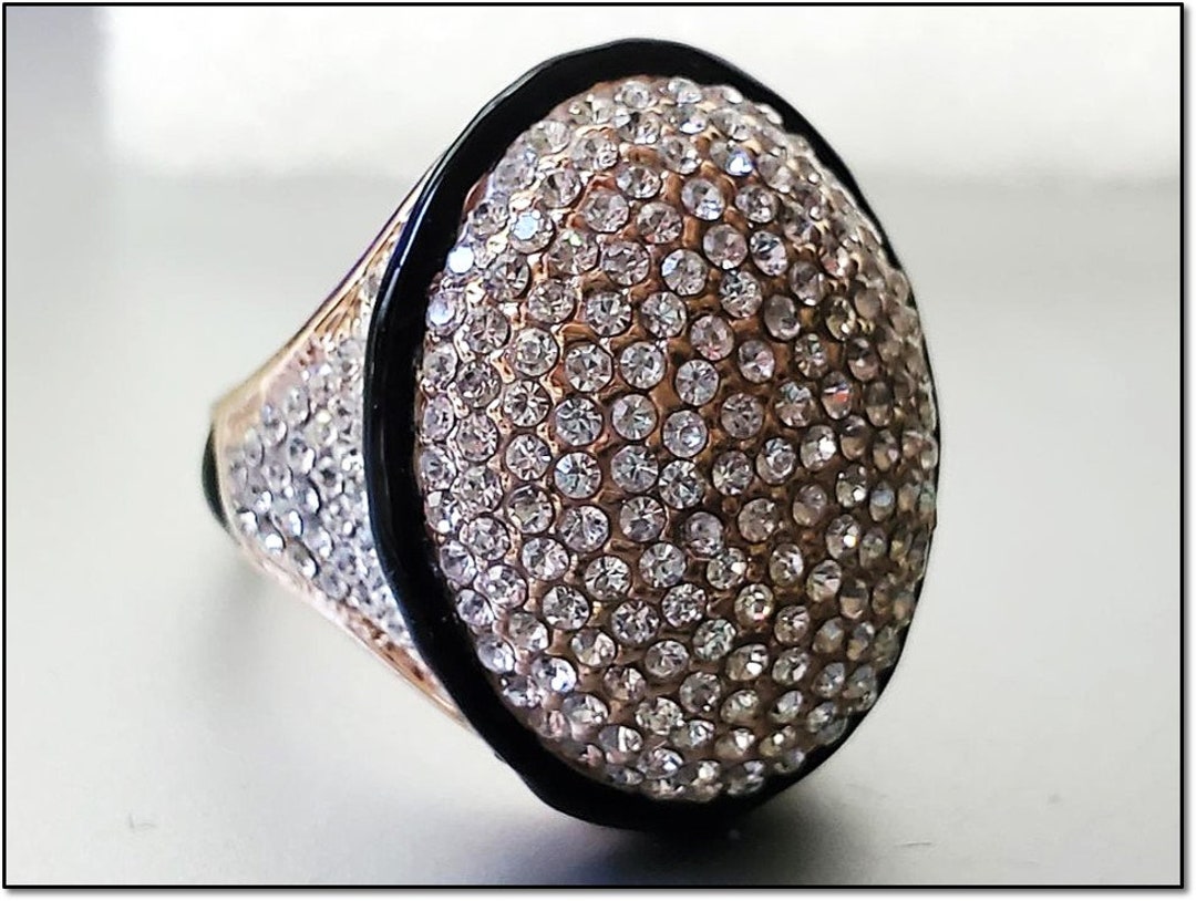 Vintage “belle Dame” Clear Crystal Dome Cocktail Ring, Size 11.5. Rosetone Setting, Outlined in ...