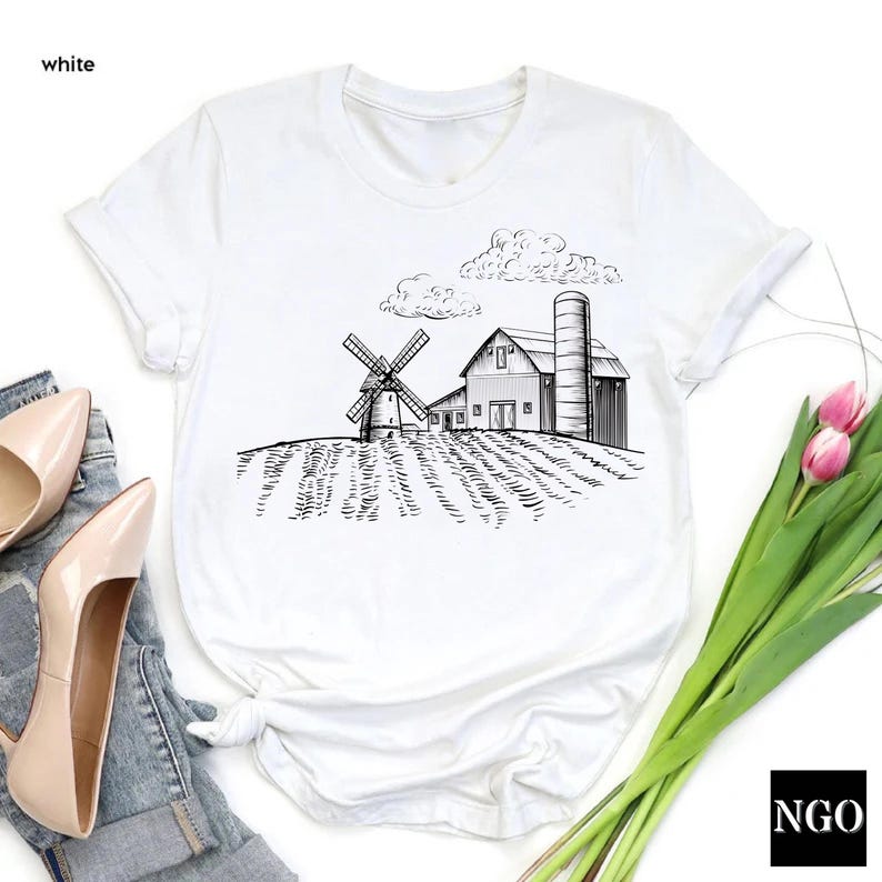 Farmhouse Shirt With Windmill,barn and Silo Chalk Art Tee,rustic ...