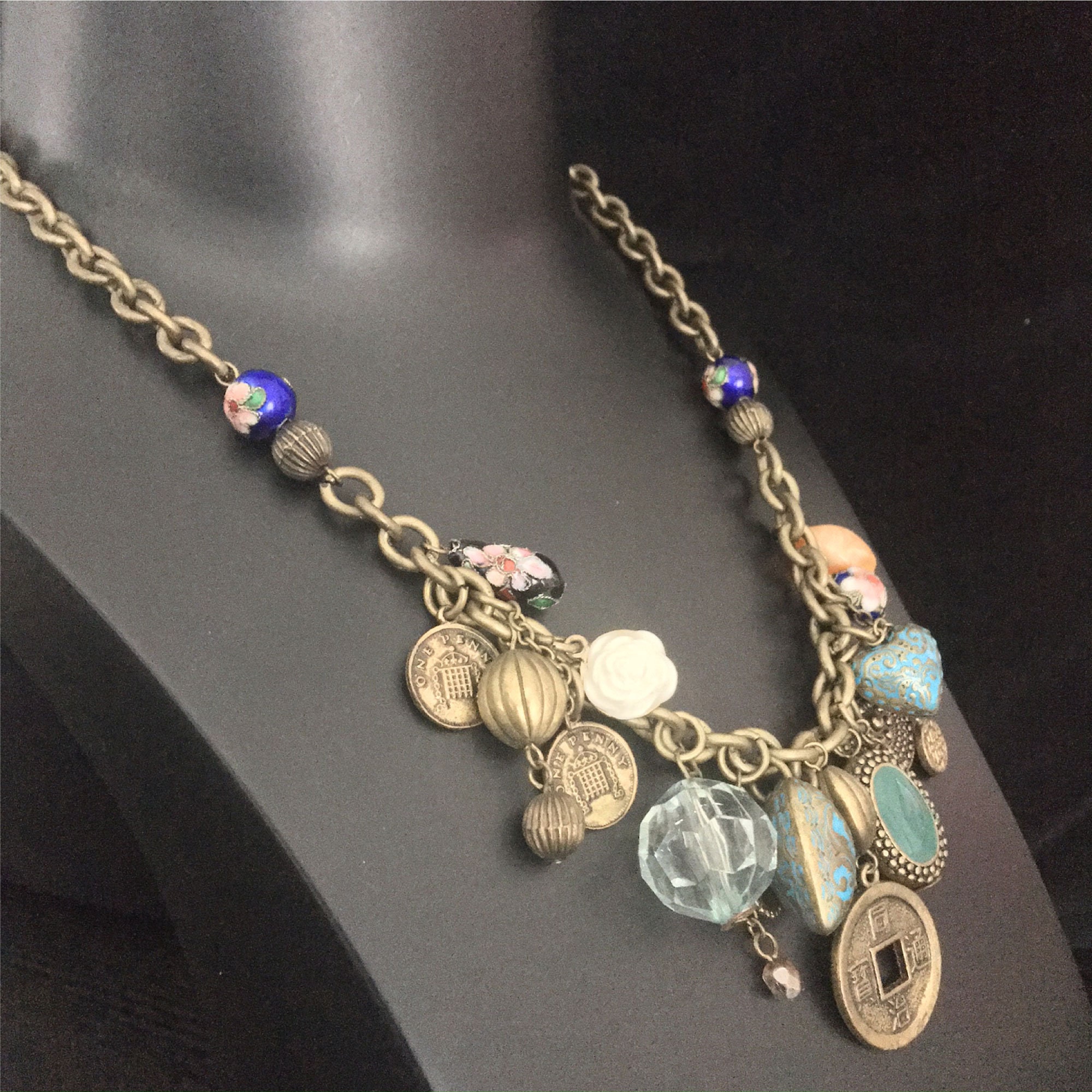 Vintage Chinese Lucky Charm Coin Necklace With Cloisonne Beads, Coin ...