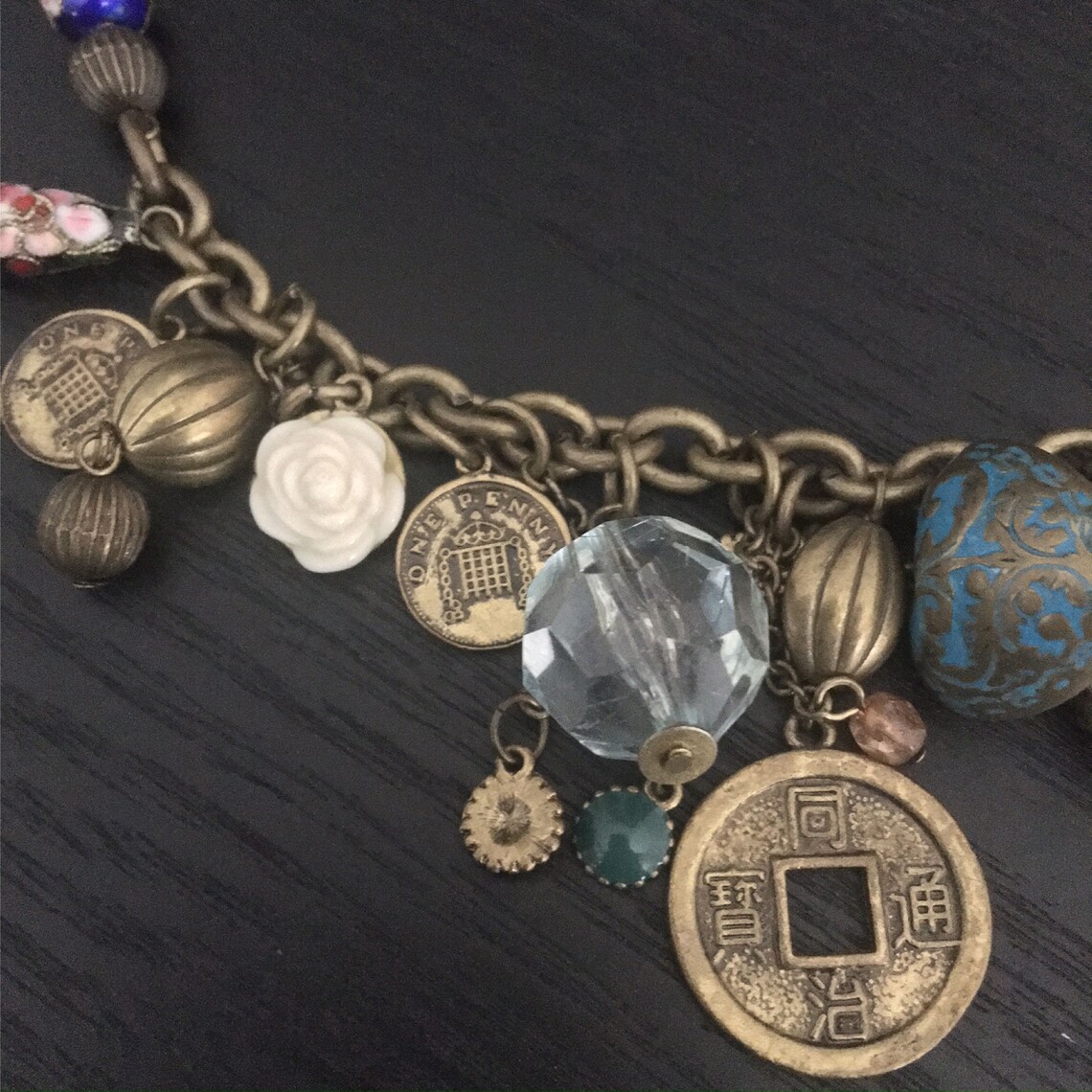 Vintage Chinese Lucky Charm Coin Necklace With Cloisonne Beads, Coin ...