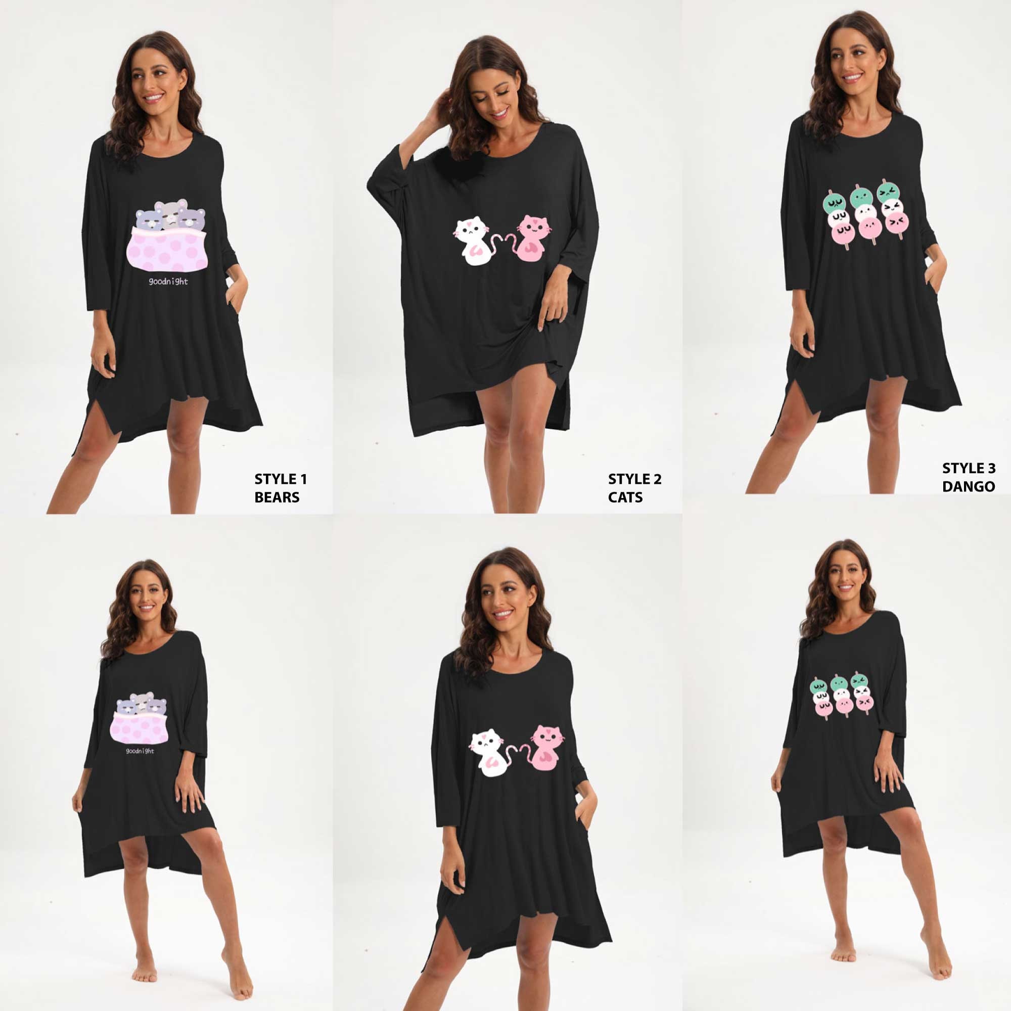 Bamboo Black Sleep Tee Women's Sleep T Shirt Dango Cats Goodnight Bears ...