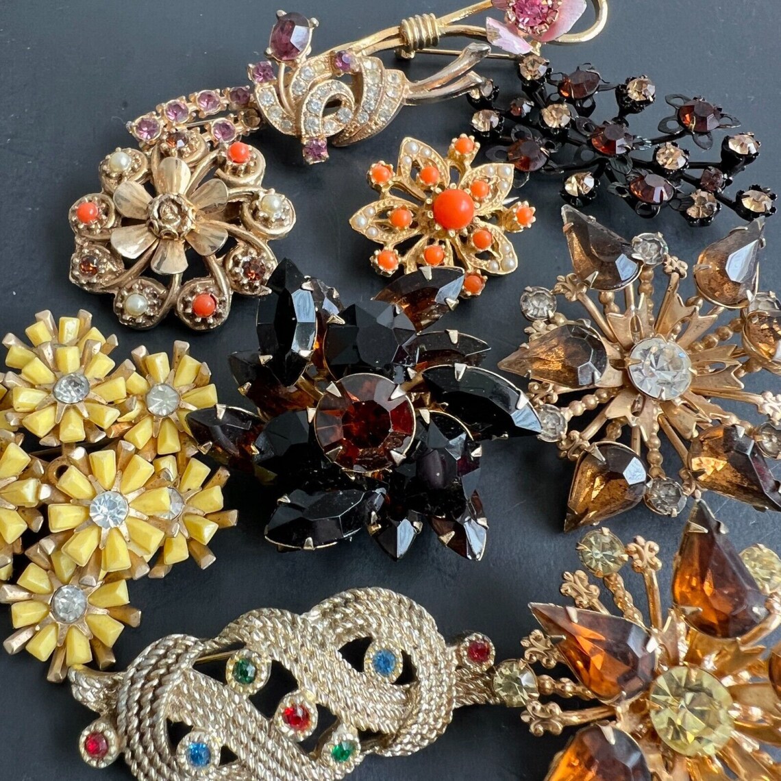 Vintage Amber/rust Coloured Rhinestone Crystal Brooches Pins Orange ...