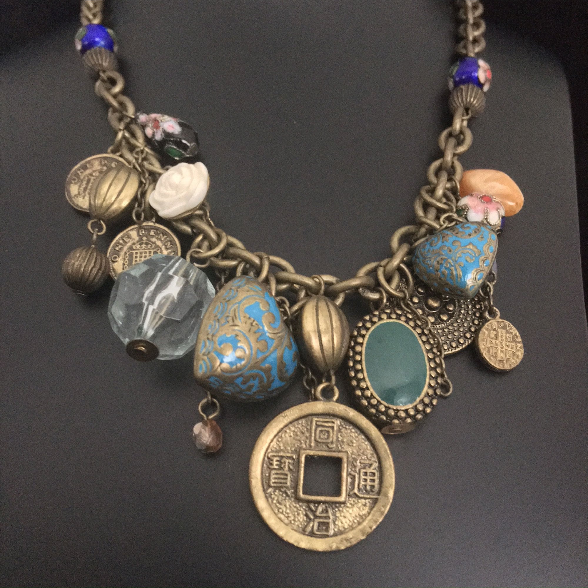 Vintage Chinese Lucky Charm Coin Necklace With Cloisonne Beads, Coin ...