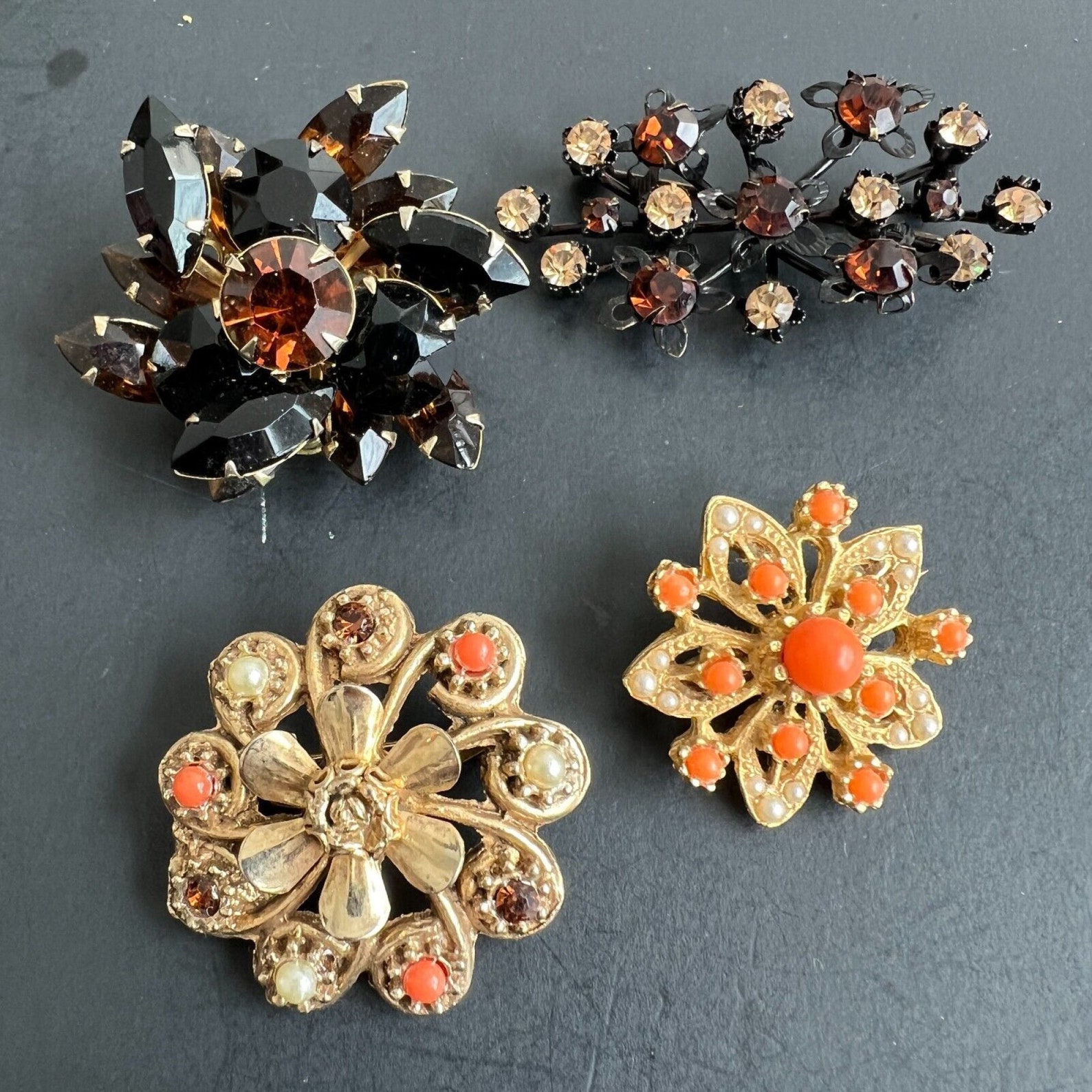 Vintage Amber/rust Coloured Rhinestone Crystal Brooches Pins Orange ...