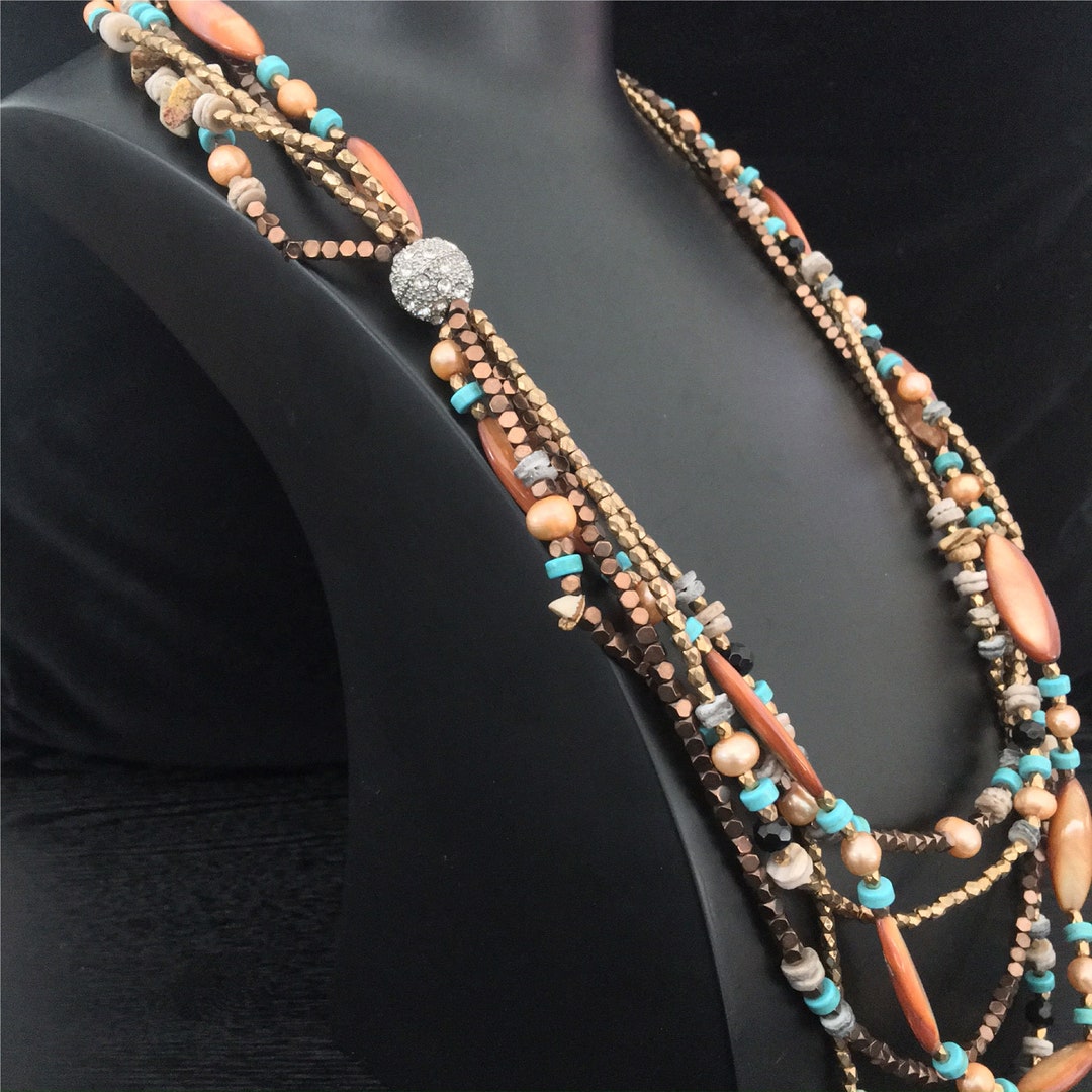 Multistrand Bead and Shell Necklace Brown, Earth Tones, Turquoise Blue ...