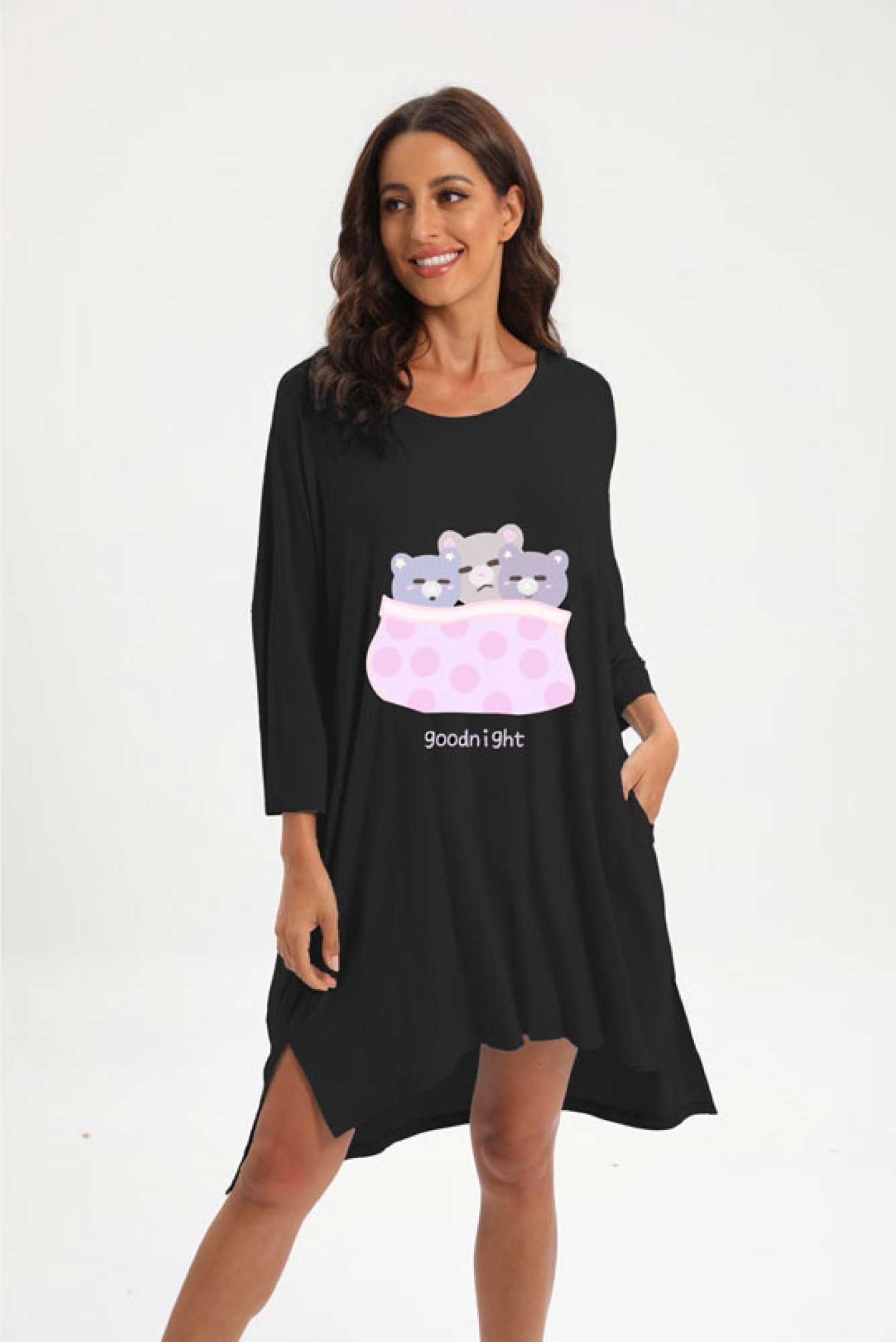Bamboo Black Sleep Tee Women's Sleep T Shirt Dango Cats Goodnight Bears ...