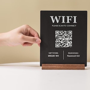 QR Code Wifi Acrylic Sign W/ Wood Base - 6x7.75" Table Sign for Home ...