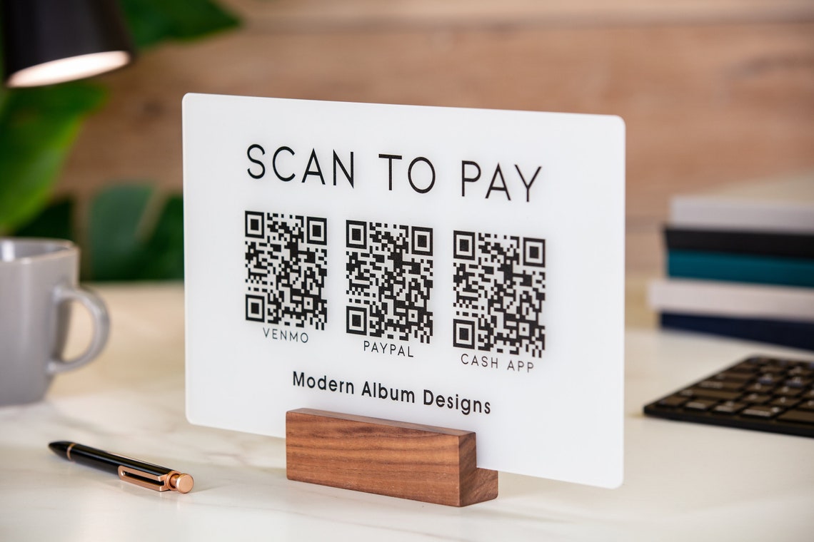 3 QR Codes Scan to Pay W/ Wood Stand - 11.5x7" Scannable Acrylic Desk ...