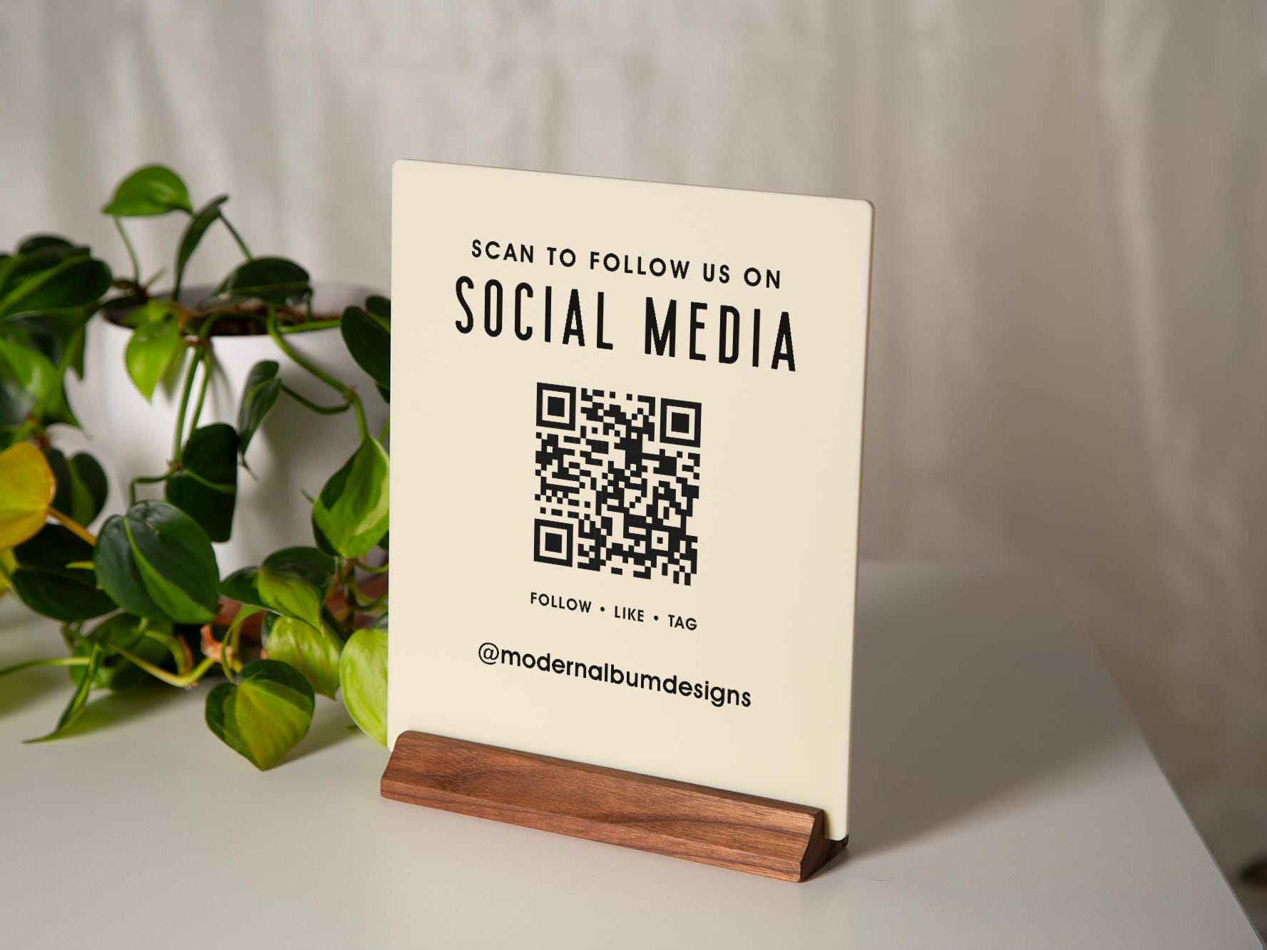 QR Code Social Media Sign W/ Wood Stand - Scannable Office Table Desk ...