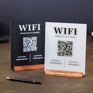QR Code Wifi Acrylic Sign W/ Wood Base - 6x7.75" Table Sign for Home ...