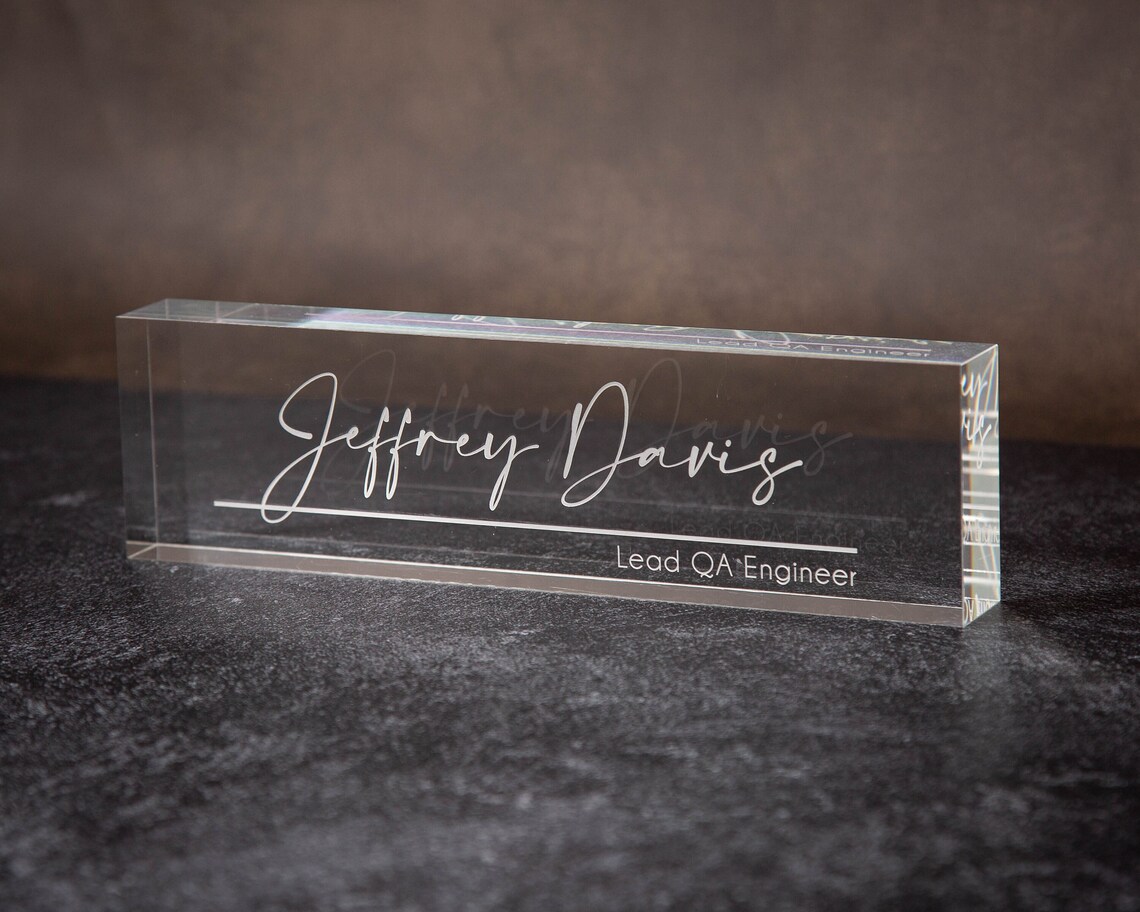Engraved Clear Acrylic Name Block - Custom Job Title Plaque Office ...