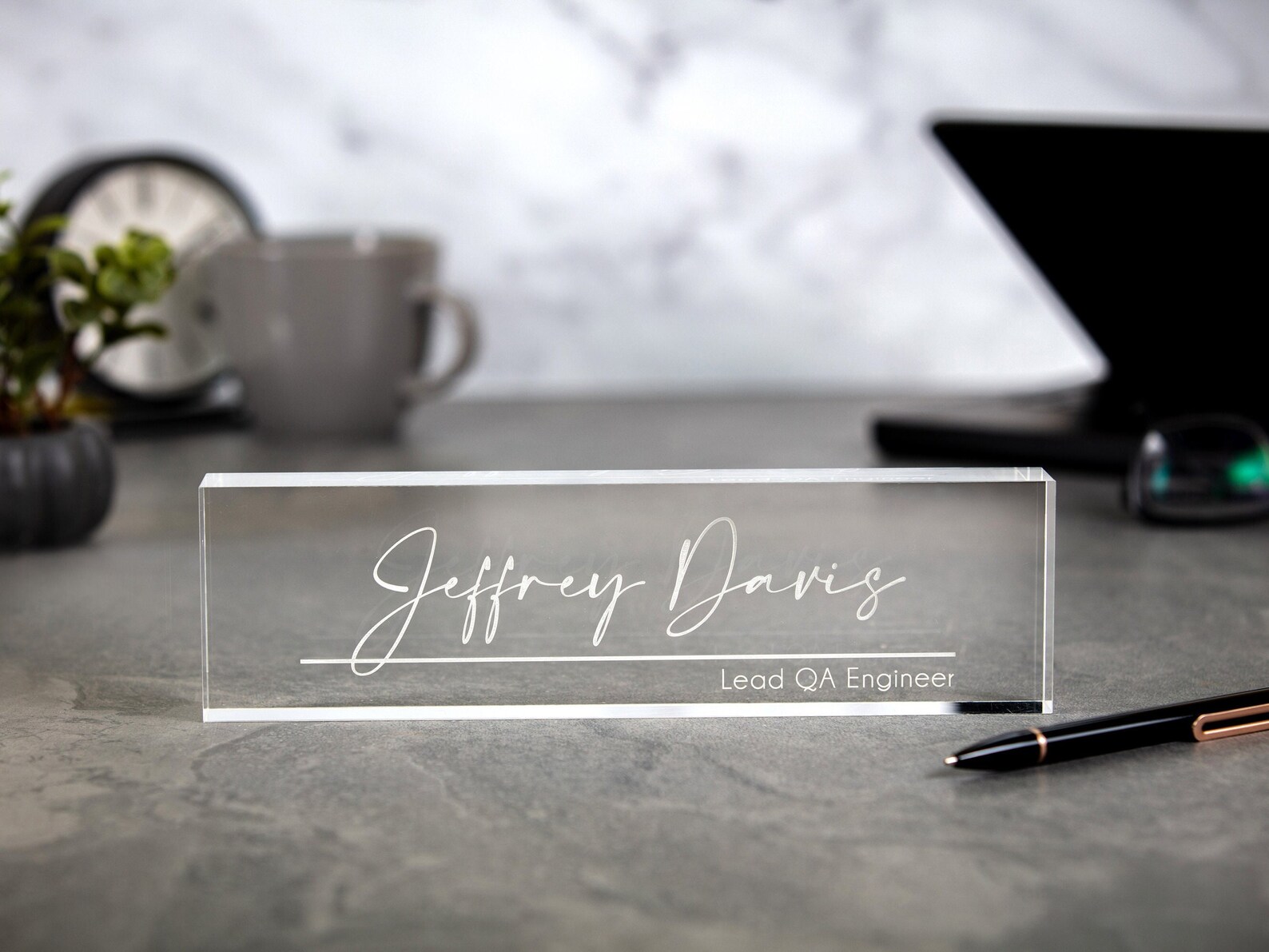 Engraved Clear Acrylic Name Block - Custom Job Title Plaque Office ...