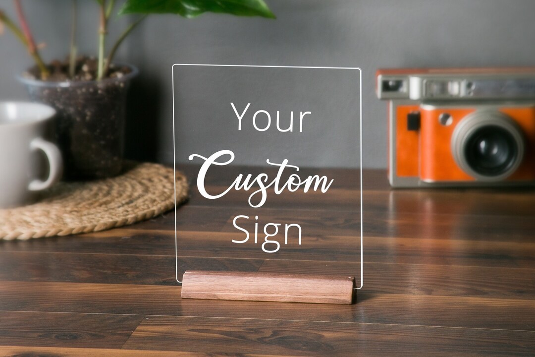 Custom Rectangle Acrylic Sign W/ Wood Base Your Text on Signage, Small ...