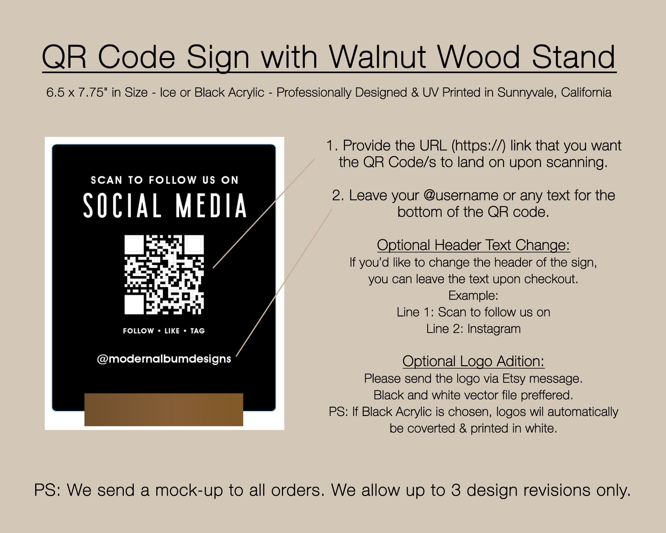 QR Code Social Media Sign W/ Wood Stand Scannable Office Table Desk ...