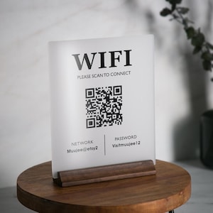 QR Code Wifi Acrylic Sign W/ Wood Base - 6x7.75" Table Sign for Home ...