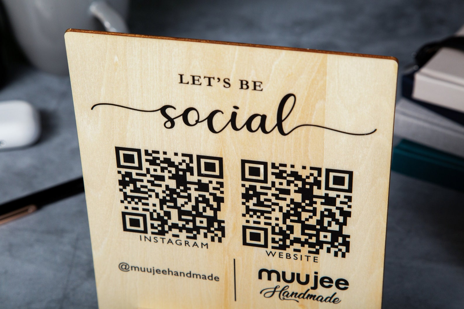 Maple QR Code Social Media Sign W/ Maple Wood Stand - Business Logo ...